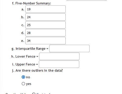 Solved f. Five-Number Summary: a. b. c. d. e. g. In | Chegg.com