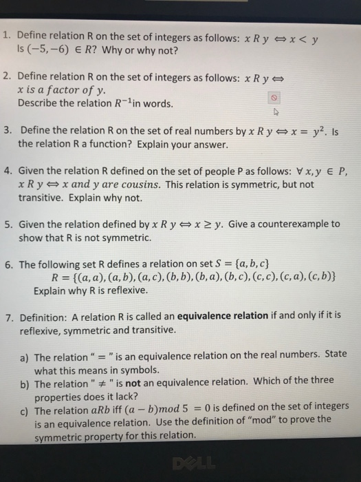 Solved I. Define relation R on the set of integers as | Chegg.com Solved I. Define relation R on the set of integers as | Chegg.com