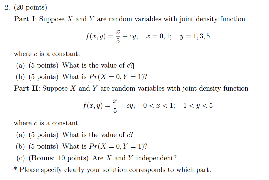 Solved 2. (20 points) Part I: Suppose X and Y are random | Chegg.com
