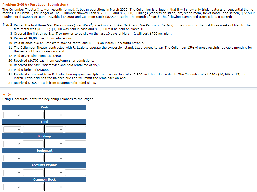 Solved Problem 3-08A (Part Level Submission) The Cullumber | Chegg.com