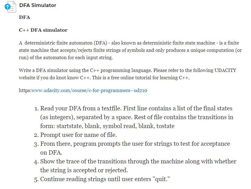 DFA Simulator DFA C++ DFA simulator A deterministric | Chegg.com