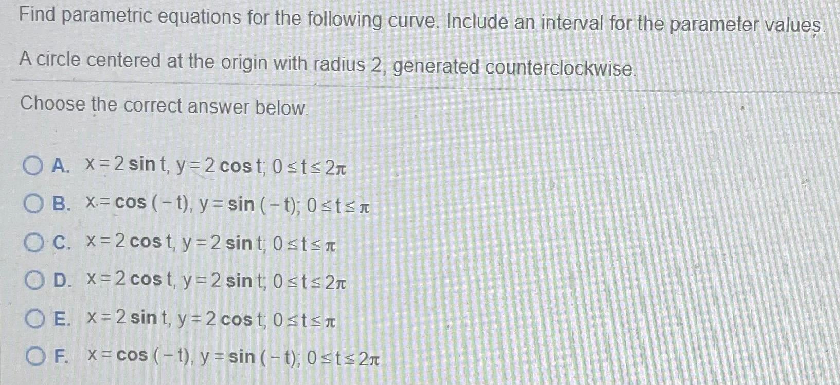 Solved Find parametric equations for the following curve. | Chegg.com