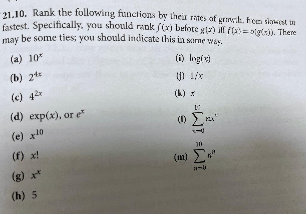 Solved 21.10. Rank the following functions by their rates of | Chegg.com