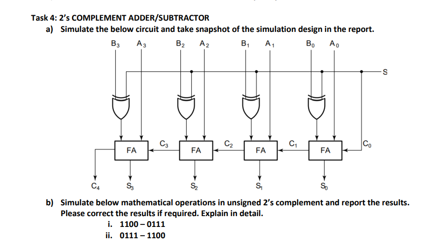 Task 4: 2's COMPLEMENT ADDER/SUBTRACTOR a) Simulate | Chegg.com