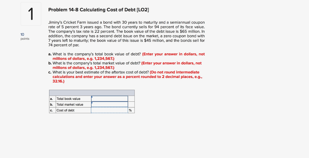 Solved Problem 14-8 Calculating Cost of Debt [LO2) Jiminy's | Chegg.com