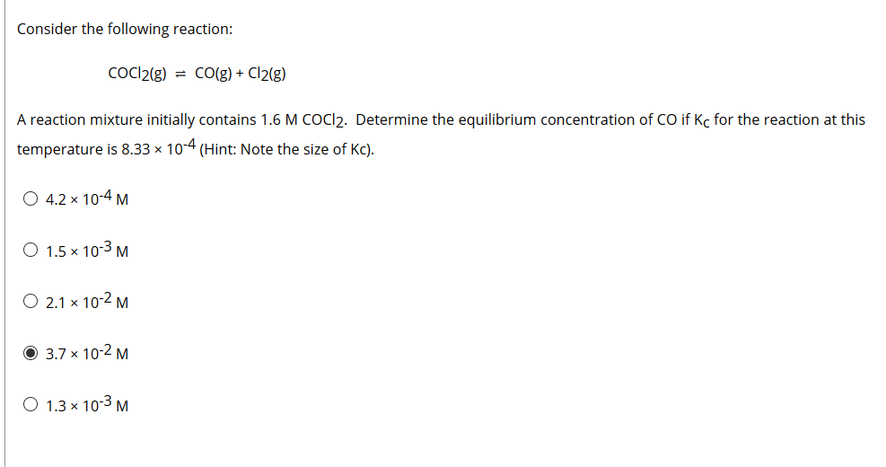 Solved Consider the following reaction: COCI2(g) = CO(g) + | Chegg.com