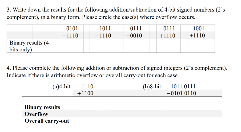 Solved Complete addition and subtraction using 2's | Chegg.com