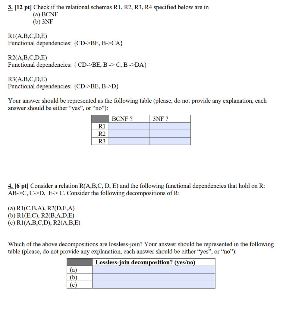 Solved 3. [12pt] Check if the relational schemas R1,R2,R3,R4 | Chegg.com
