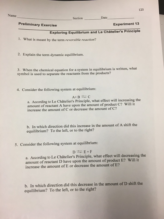 Solved 125 Name Section Date Preliminary Exercise Experiment | Chegg.com