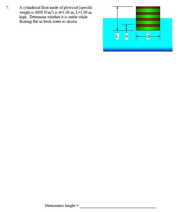 Solved 7. A cylindrical float made of plywood (specific | Chegg.com