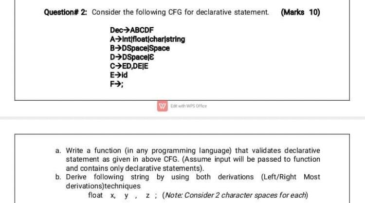 Question# 2: Consider the following CFG for | Chegg.com