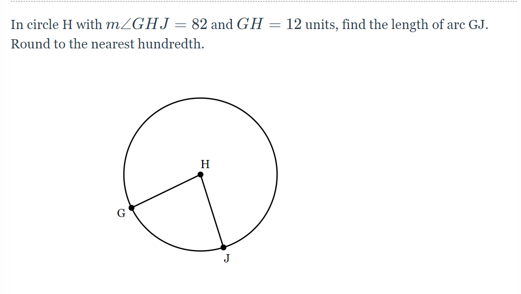 Solved In circle H with m∠GHJ=82 and GH=12 units, find the | Chegg.com