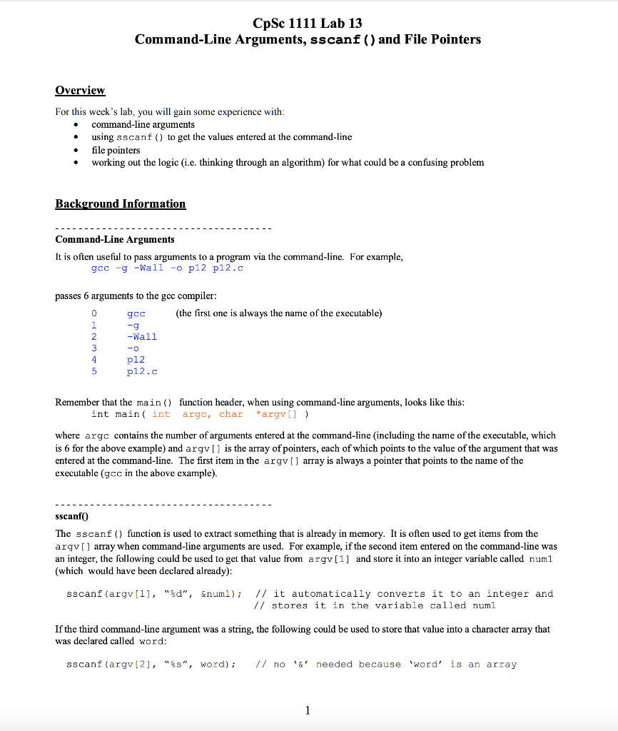 CpSc 1111 Lab 13 Command-Line Arguments, sscanf ) and | Chegg.com