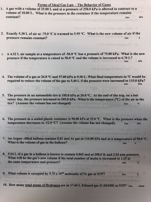 Solved Forms of Ideal Gas Law-The Behavior of Gases 1. A gas | Chegg.com