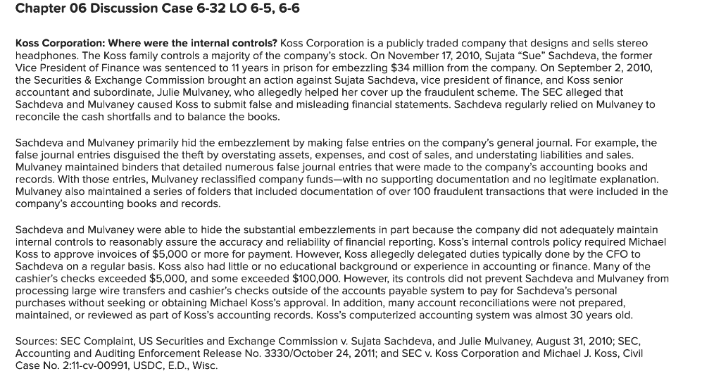 Koss Corporation: Where were the internal controls? | Chegg.com