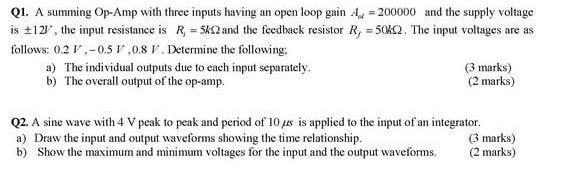 Solved QI. A summing Op-Amp with three inputs having an open | Chegg.com