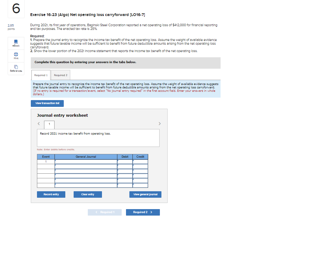 Solved Exerclse 16-23 (Algo) Net operating loss carryforward | Chegg.com