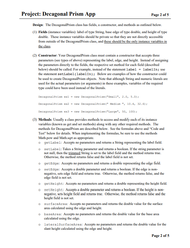 Solved Project: Decagonal Prism App Page 1 of 5 Deliverables | Chegg.com