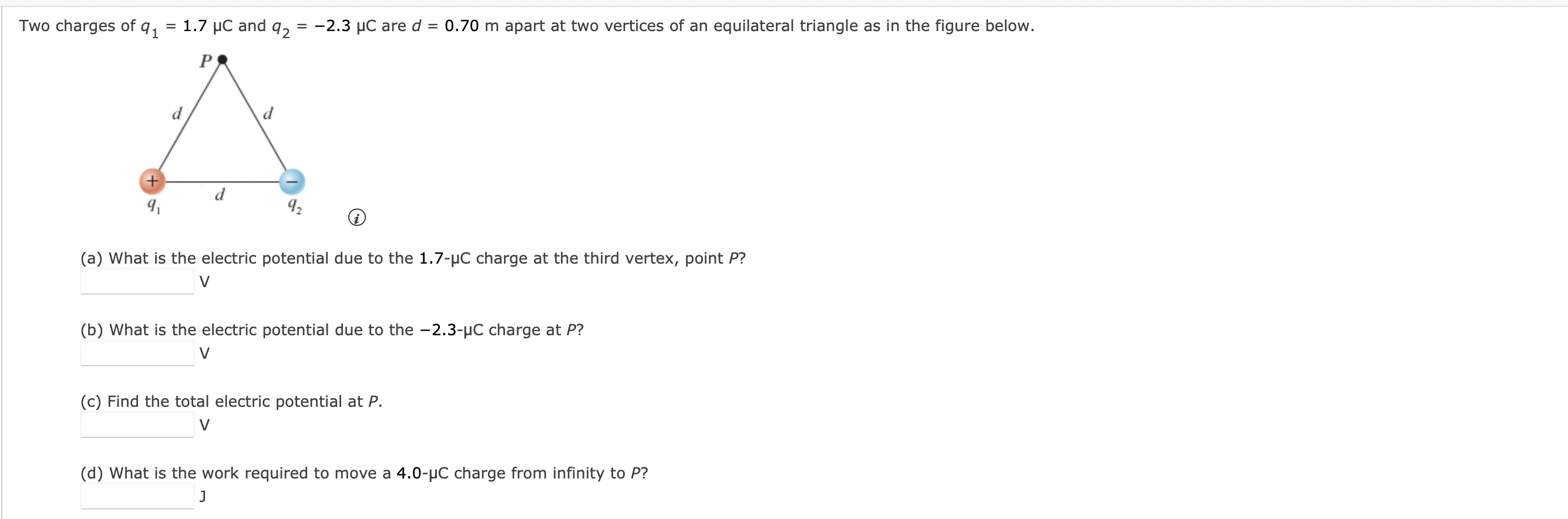 Solved Two charges of q1=1.7μC ﻿and q2=-2.3μC ﻿are d=0.70m | Chegg.com