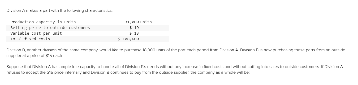 Solved Division A makes a part with the following | Chegg.com