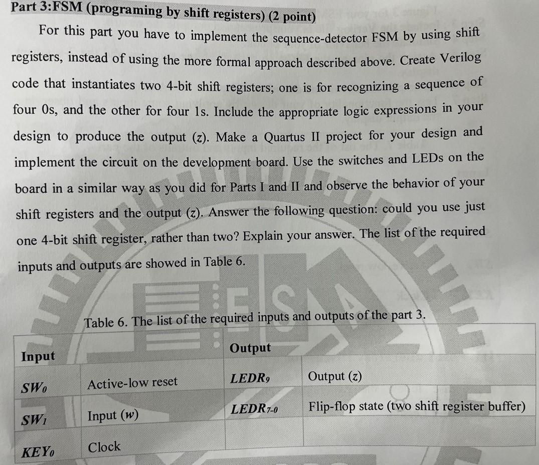 Part 3:FSM (programing by shift registers) (2 point) | Chegg.com