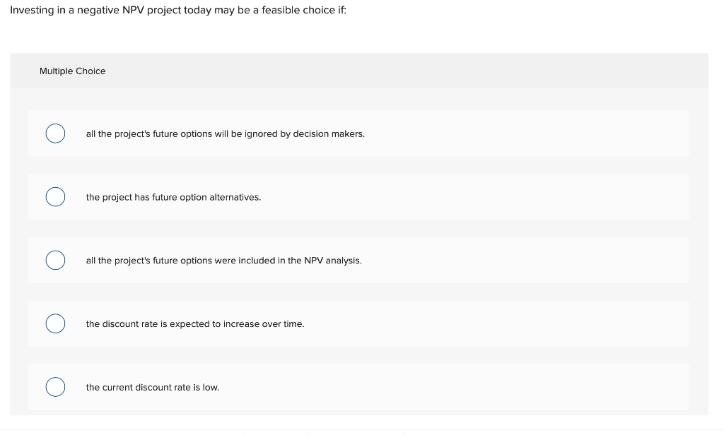 Solved Investing in a negative NPV project today may be a | Chegg.com