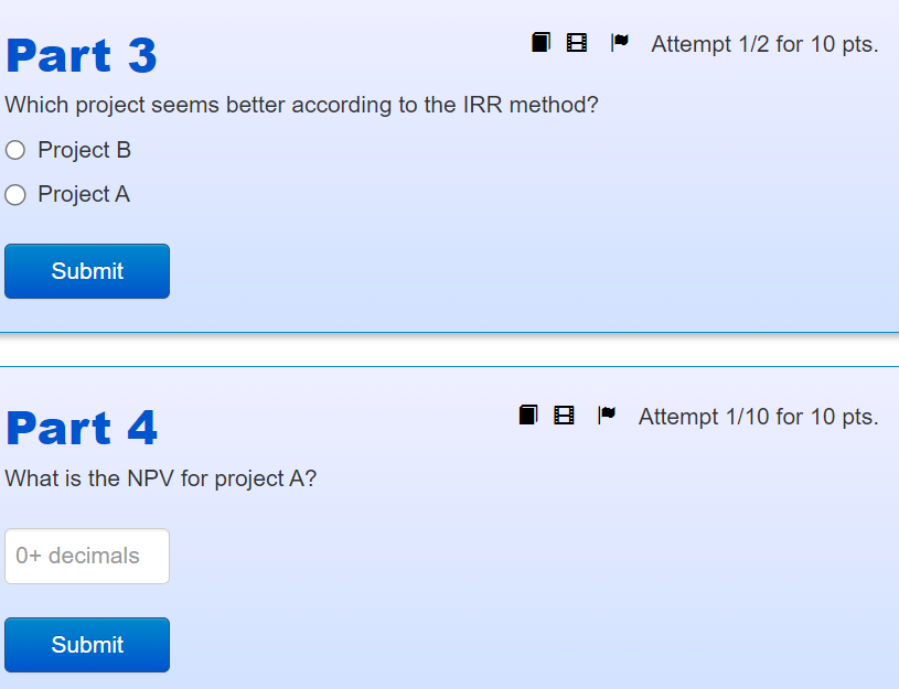 Solved What is the IRR for project A ? Part 2 What is the | Chegg.com