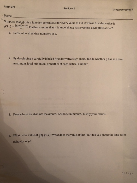 Solved Math 2272 Section 4.3 Using Derivatives II Name | Chegg.com