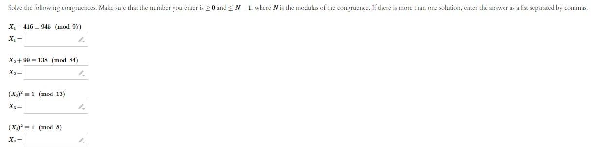 Solved X1−416≡945(mod97)X1=X2+99≡138(mod84)X2=(X3)2≡1(mod13) | Chegg.com