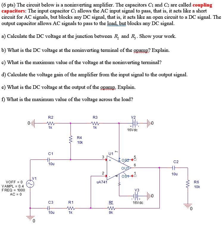 Solved (6 pts) The circuit below is a noninverting | Chegg.com
