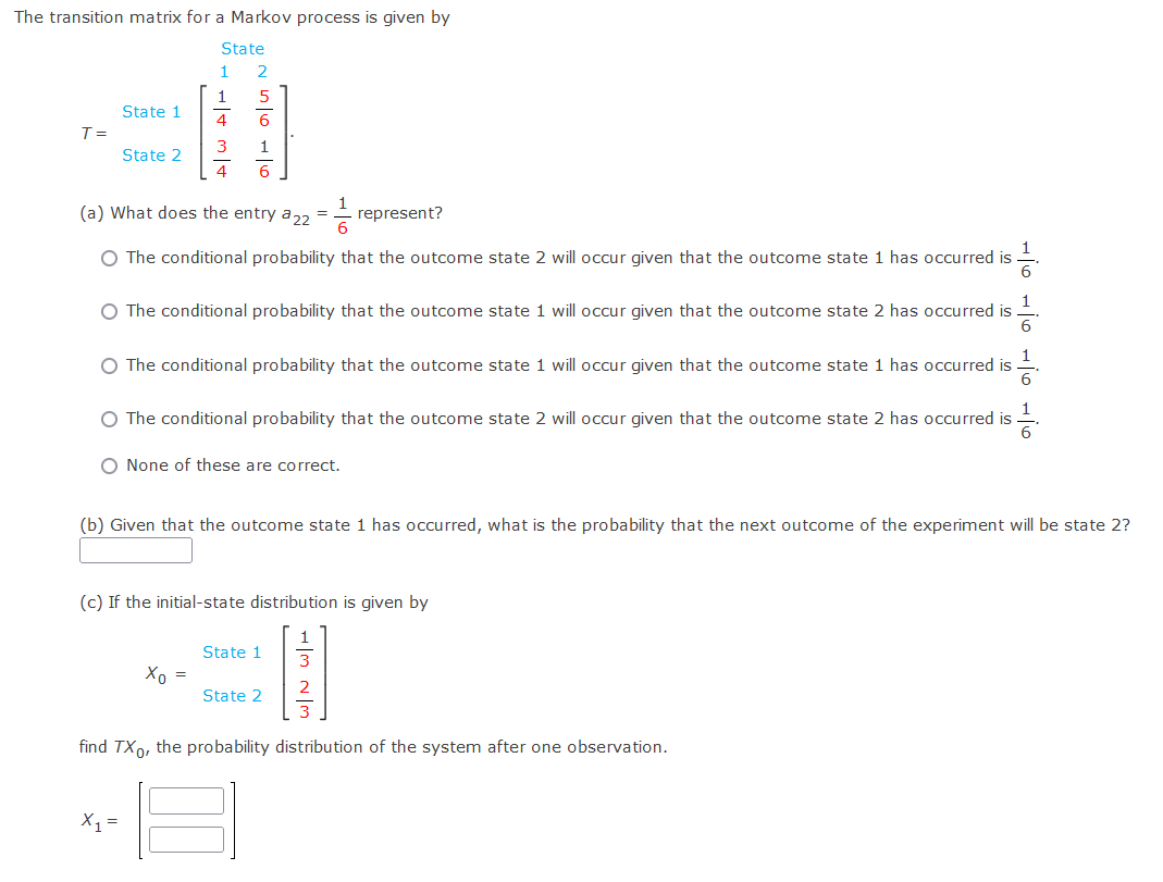 Solved The transition matrix for a Markov process is given | Chegg.com
