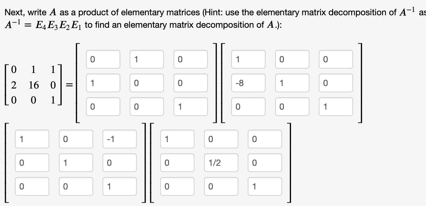 Solved Next, write 𝐴A as a product of elementary | Chegg.com