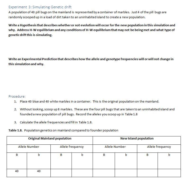 Experiment 3: Simulating Genetic drift A population | Chegg.com