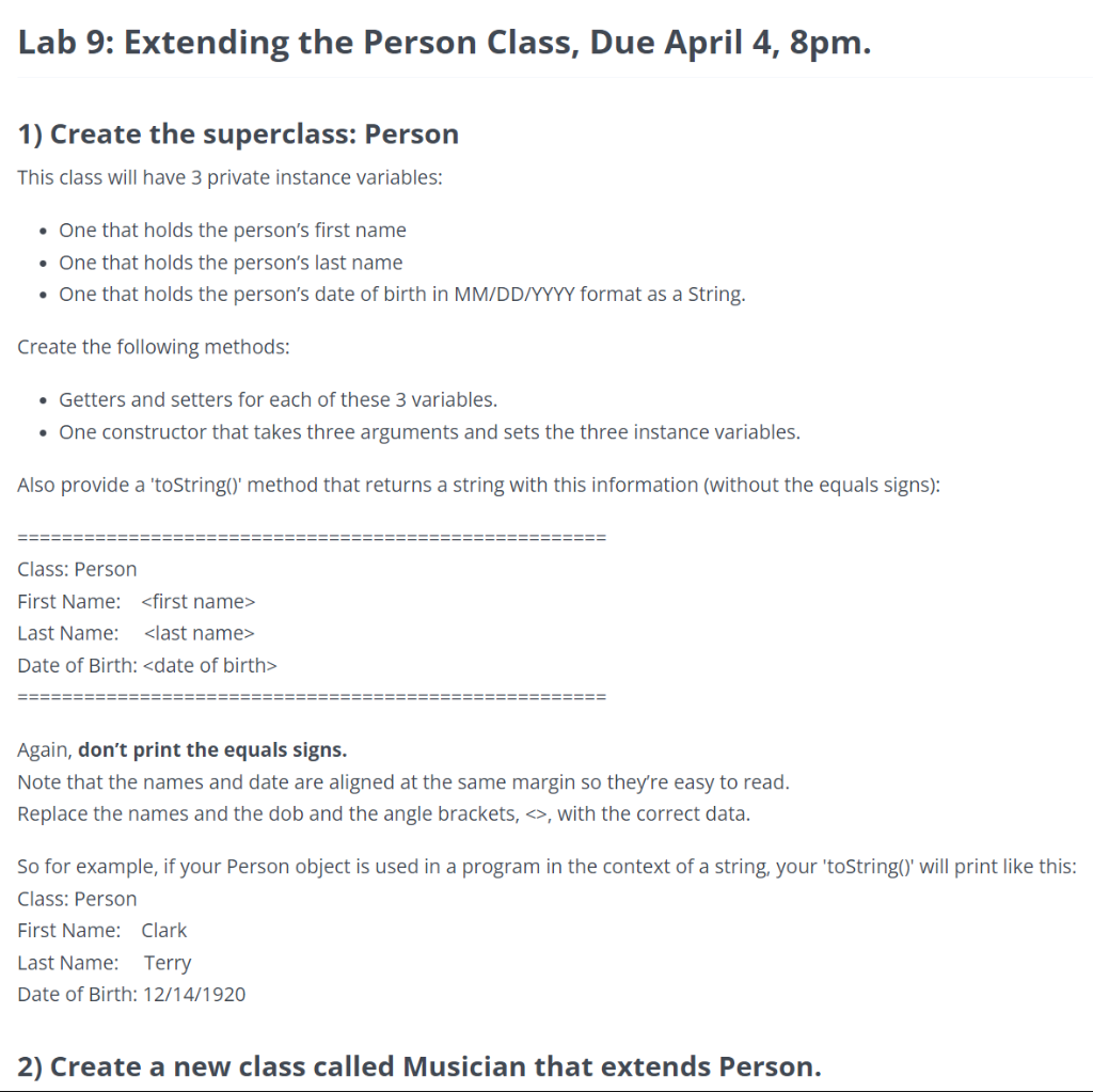 Solved Lab 9: Extending the Person Class, Due April 4, 8pm. | Chegg.com