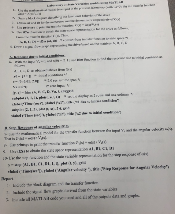 Solved Laboratory 3: State Variables models using MATLAB 1- | Chegg.com