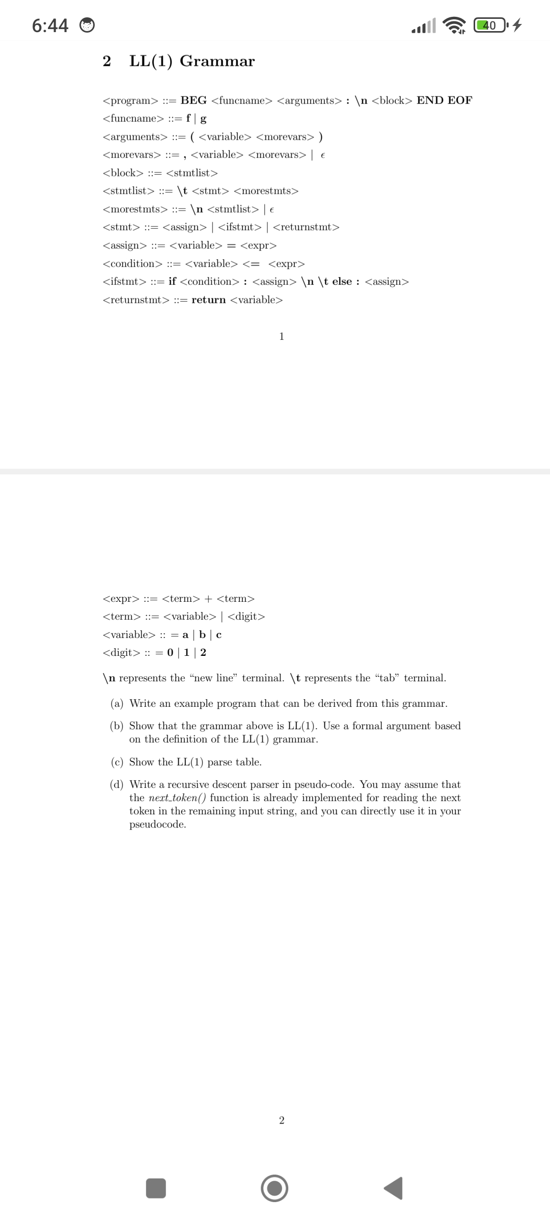 Solved 2 ﻿LL(1) ﻿Grammar```::= ﻿BEG : END EOF::= ﻿f | | Chegg.com