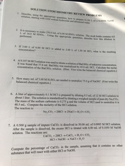 Solved SOLUTION STOICHIOMETRY REVIEW PROBLEMS 1. Describe, | Chegg.com