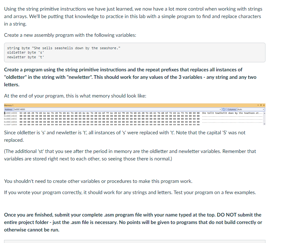 Solved Using the string primitive instructions we have just | Chegg.com