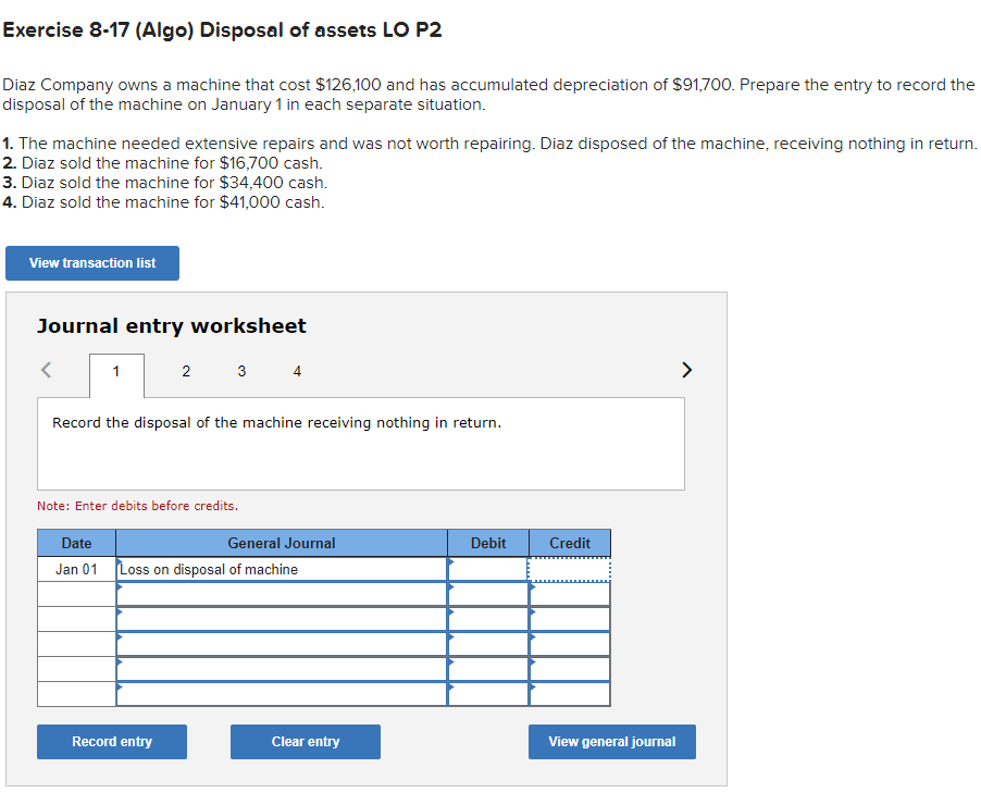 Solved Exercise 8-17 (Algo) Disposal of assets LO P2 Diaz | Chegg.com