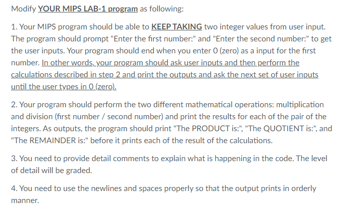 Solved 1 Your Mips Program Should Be Able To Keep Taking