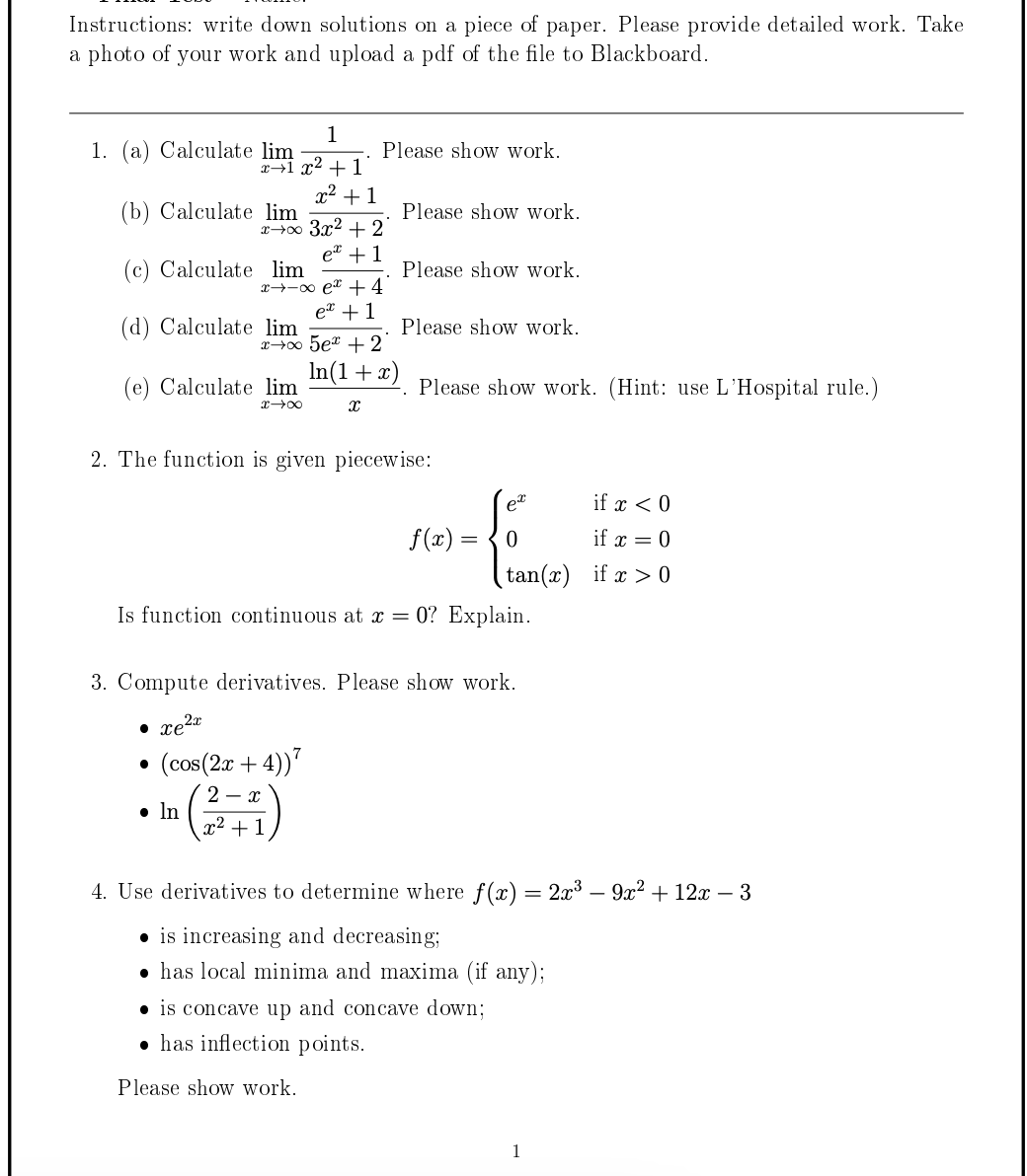 Solved Instructions: write down solutions on a piece of | Chegg.com