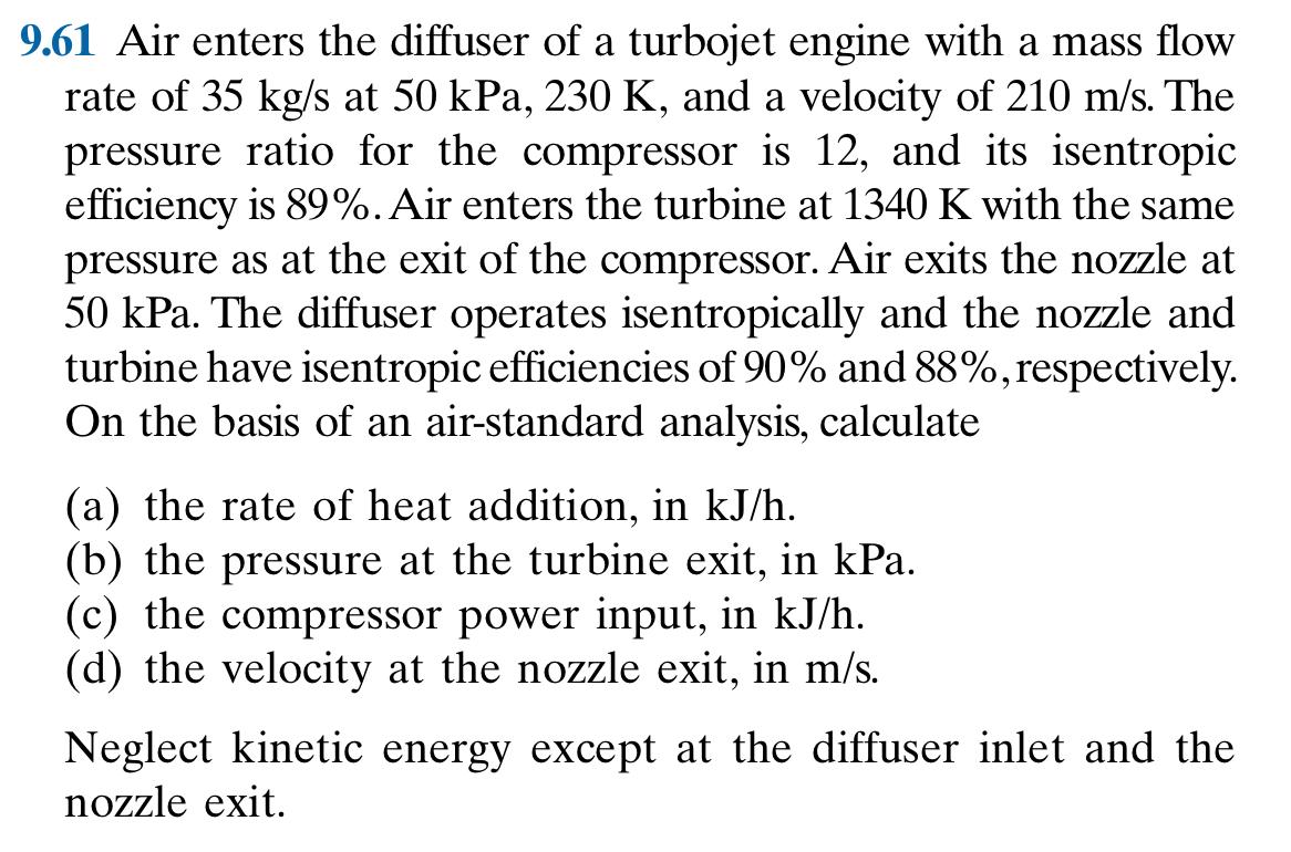 Solved 9.61 Air enters the diffuser of a turbojet engine | Chegg.com