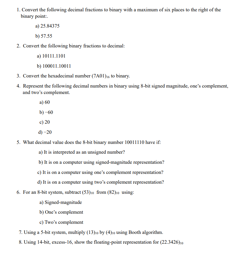 Solved 1. Convert the following decimal fractions to binary | Chegg.com