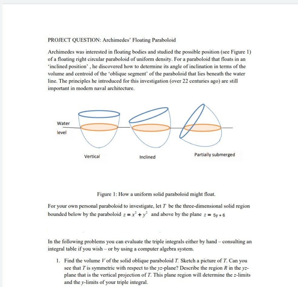 Solved PROJECT QUESTION: Archimedes' Floating Paraboloid | Chegg.com
