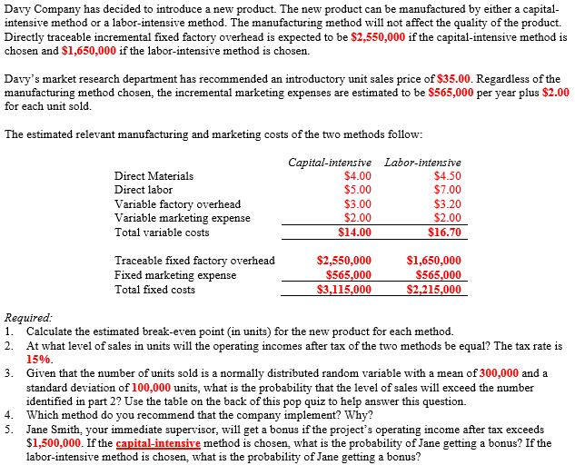 Solved Davy Company has decided to introduce a new product. | Chegg.com