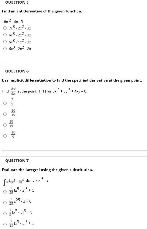 Solved QUESTION 5 Find an antiderivative of the given | Chegg.com