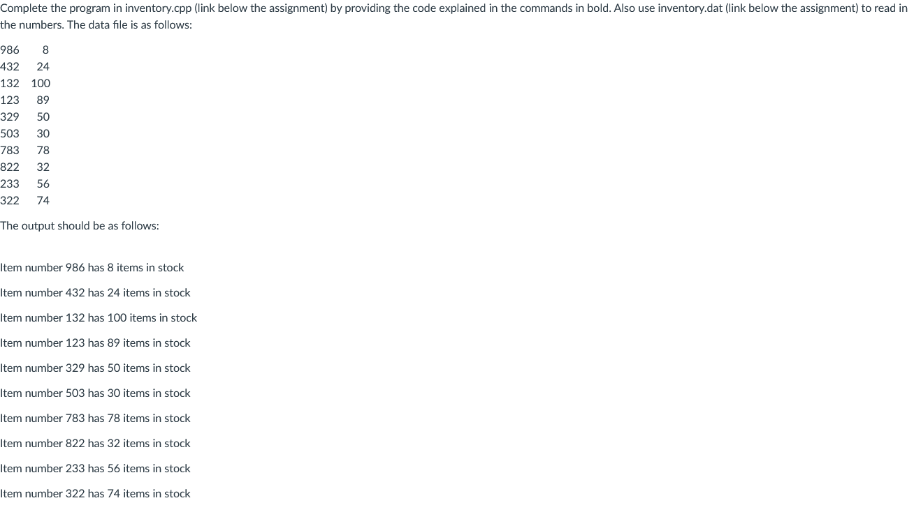 Solved Complete the program in inventory.cpp (link below the | Chegg.com