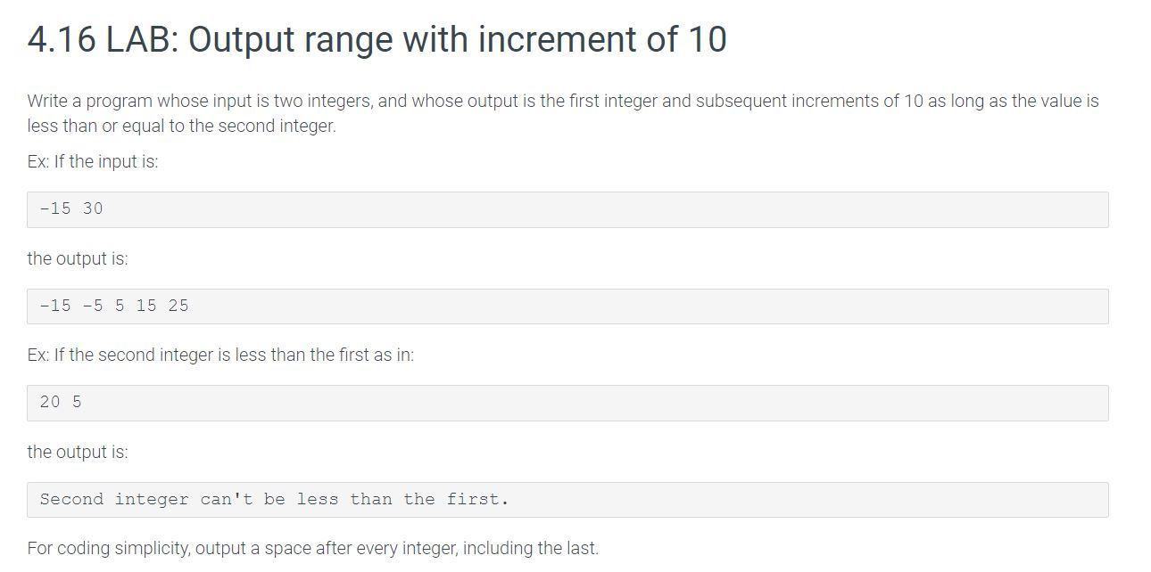 Solved 4.16 LAB: Output range with increment of 10 Write a | Chegg.com