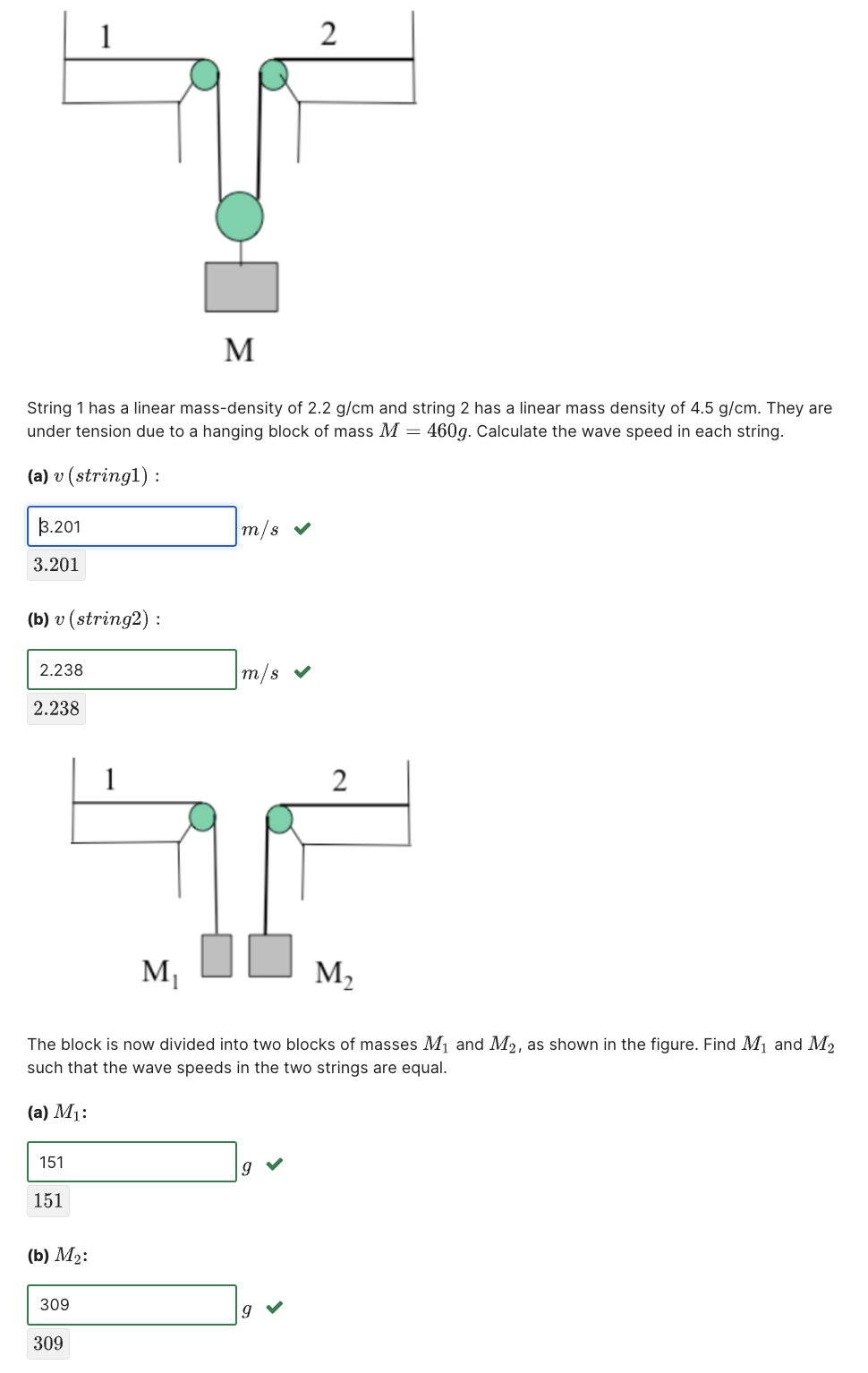 Solved String 1 has a linear mass-density of 2.2 g/cm and | Chegg.com