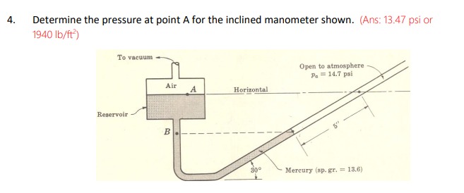 Solved Determine the pressure at point A for the inclined | Chegg.com
